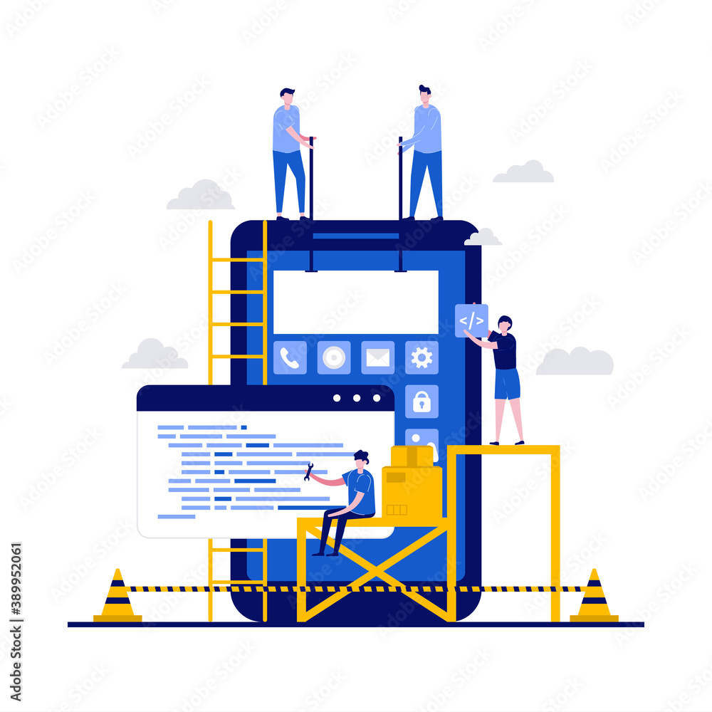 UI UX design app creation concept with character. People creators team, construct mobile ...