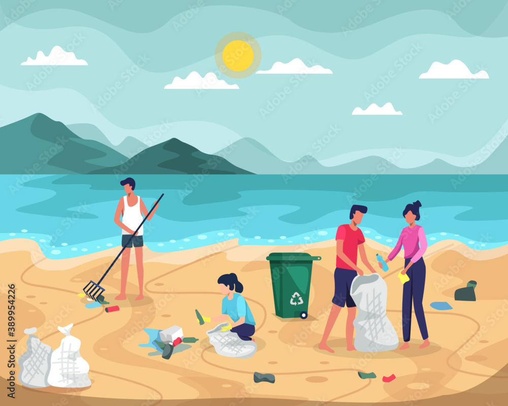 Beach cleaning vector illustration. People collecting trash into bags ... Beach cleaning vector illustration. People collecting trash into bags ...