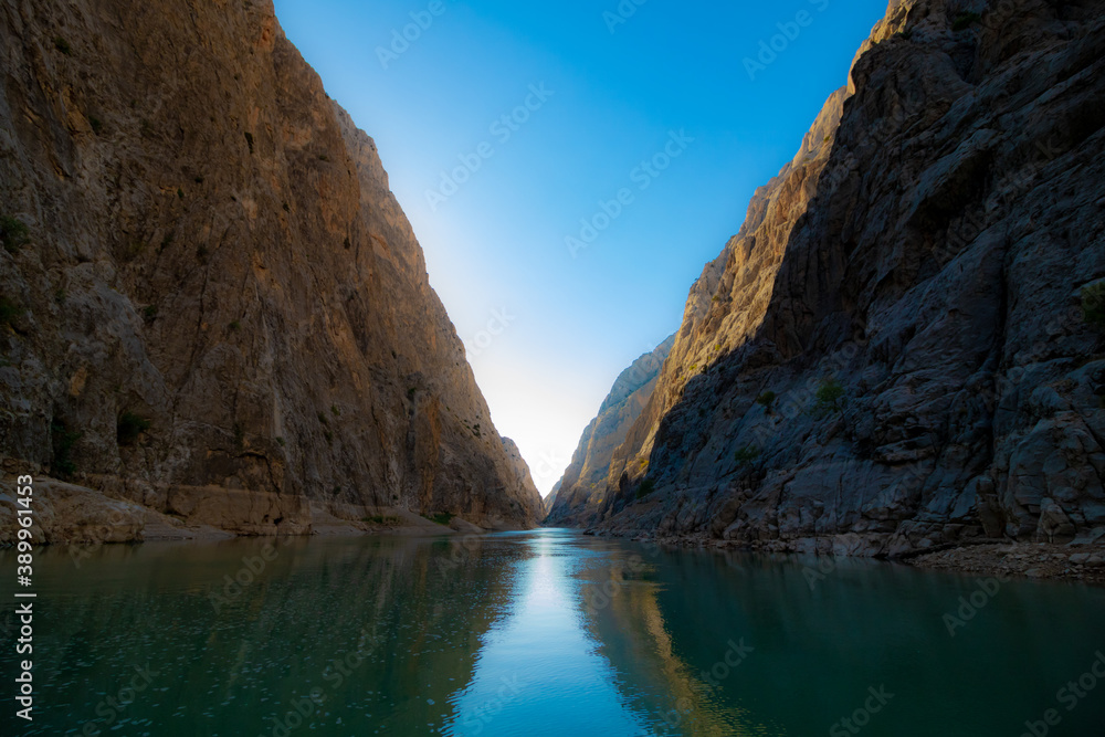 Boat tour on the river in the canyon. Cliffs of the canyon from the ...