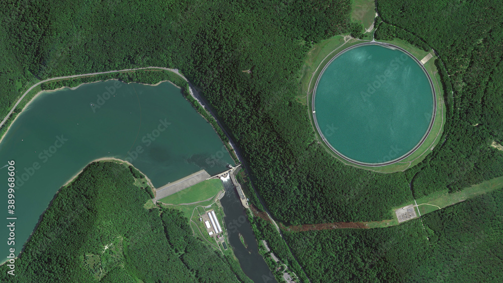 pumped storage hydropower plant, upper reservoir, lower reservoir and ...