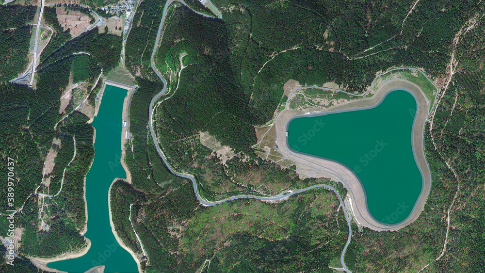 pumped storage hydropower plant, upper reservoir and lower reservoir ...