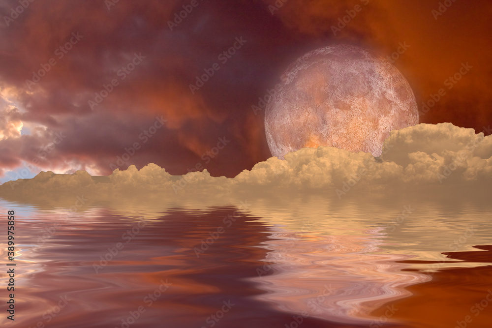 Red moon rising over surreal water world. 3D rendering Stock ...