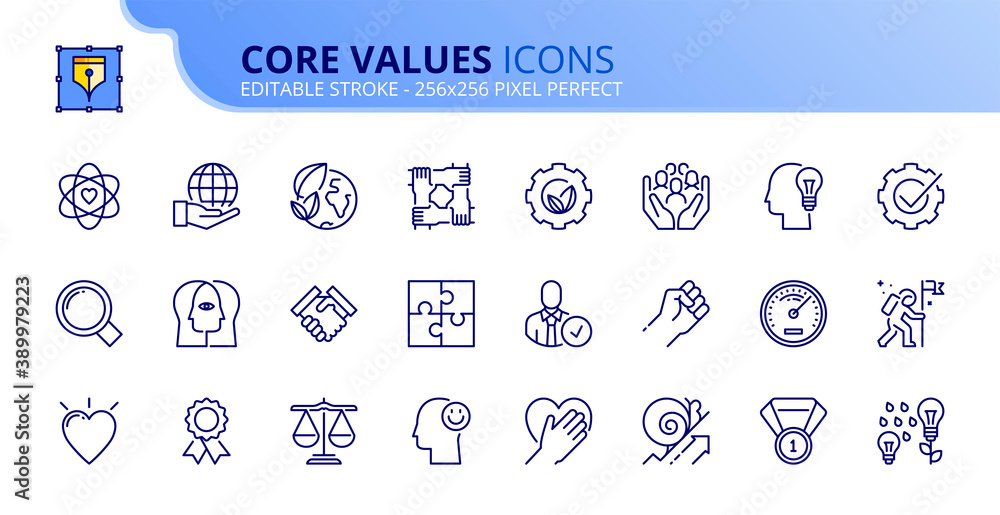 Simple set of outline icons about core values. Business concepts Stock ...