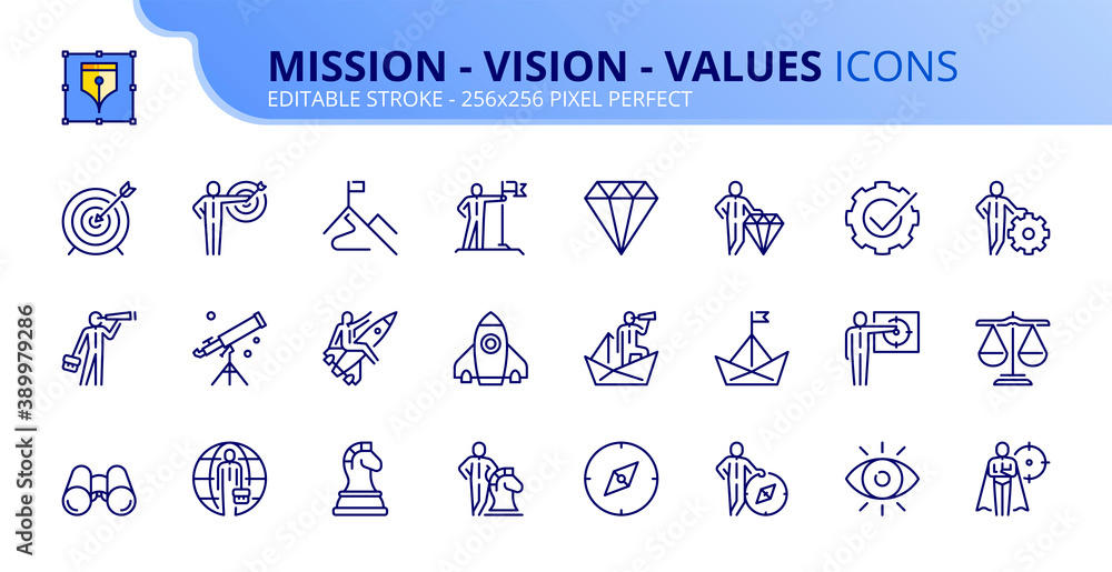 Simple set of outline icons about mission, vision and core values ...