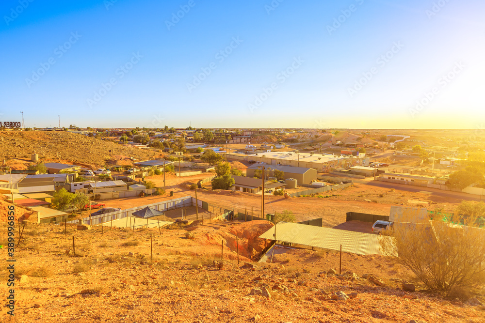 Town lookout: aerial view of Coober Pedy in Australia. Located in ...