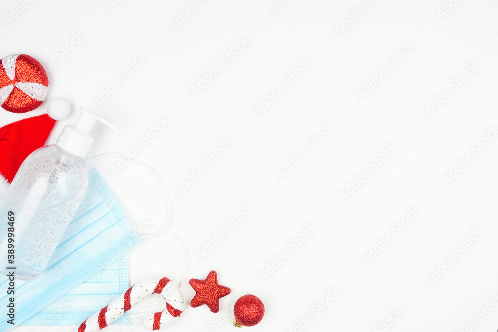 Christmas during COVID 19 pandemic concept. Top view corner border with ...
