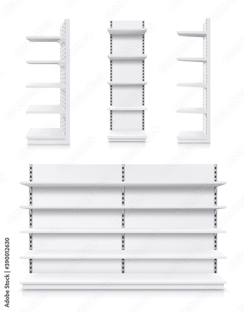 Supermarket racks, vector white shop product shelves. Empty store ...