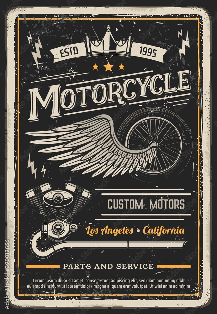 Motorcycle poster, vintage retro biker garage and classic chopper bike ...