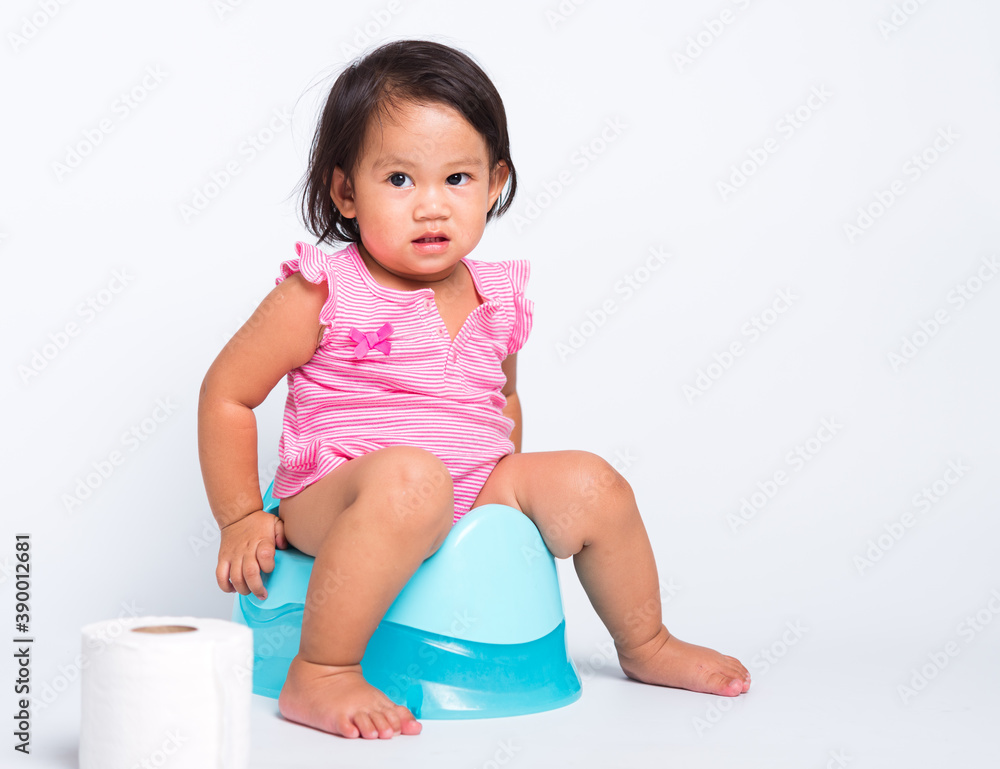 Asian little cute baby child girl education training to sitting on blue ...