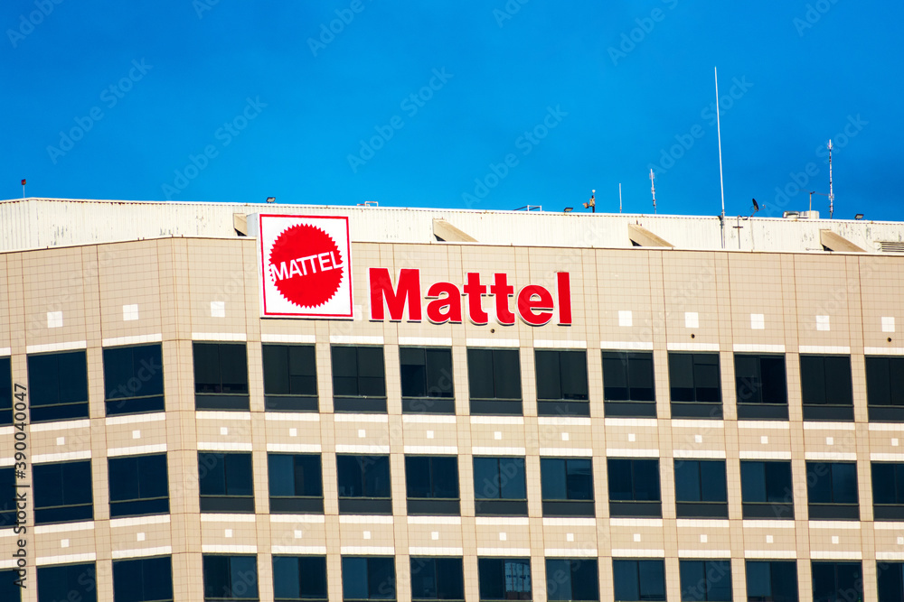 Mattel sign logo above headquarters building of American multinational ...