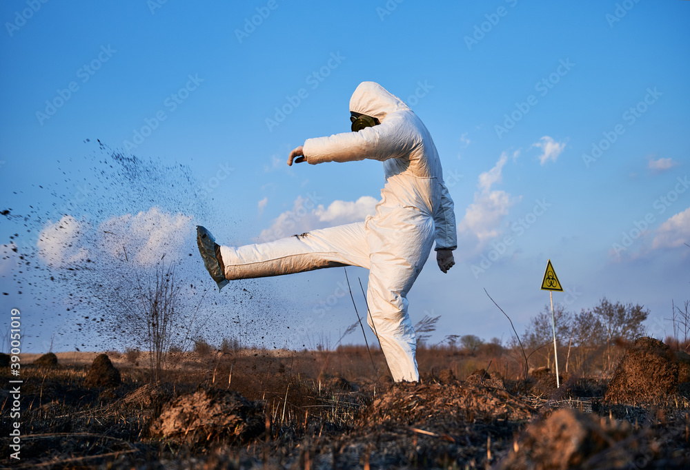 Horizontal side view snapshot of a disappointed scientist, wearing a ...
