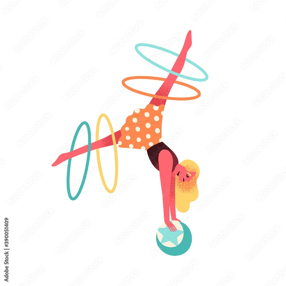 Circus gymnast balancing on ball with hula hoop on legs. Professional ...