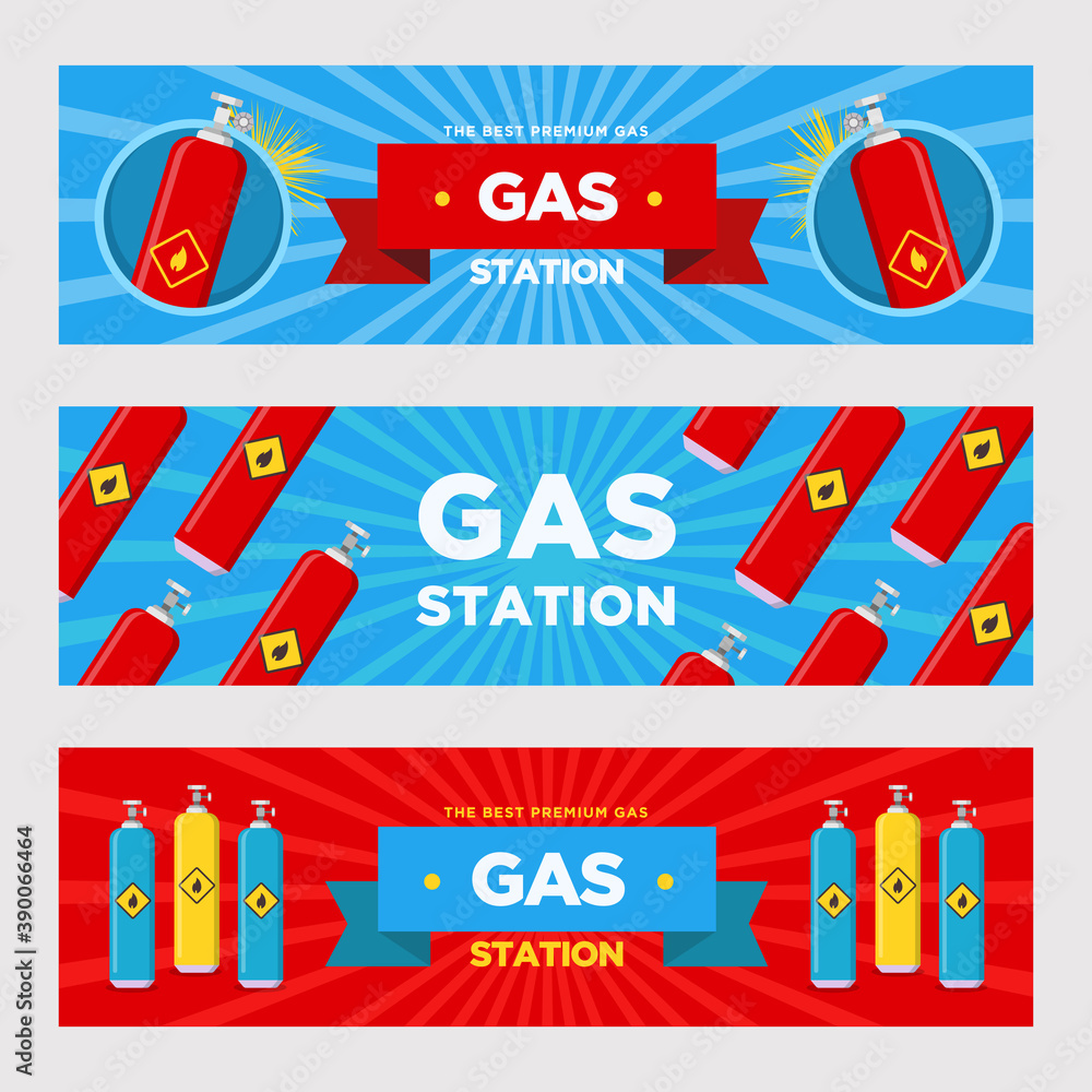 Gas station banners set. Cylinders and balloons with flammable sign ...