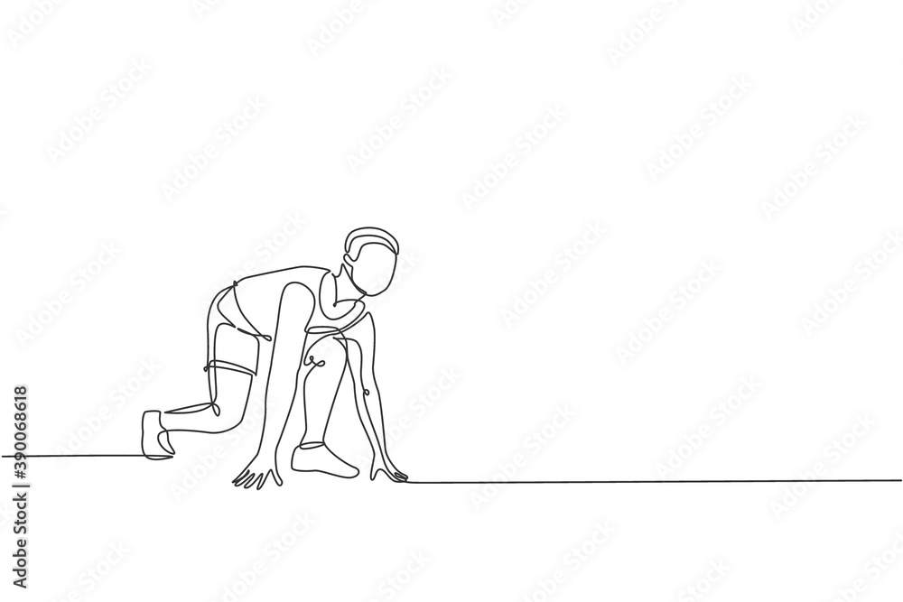 Single continuous line drawing of young happy health sprinter man ready ...