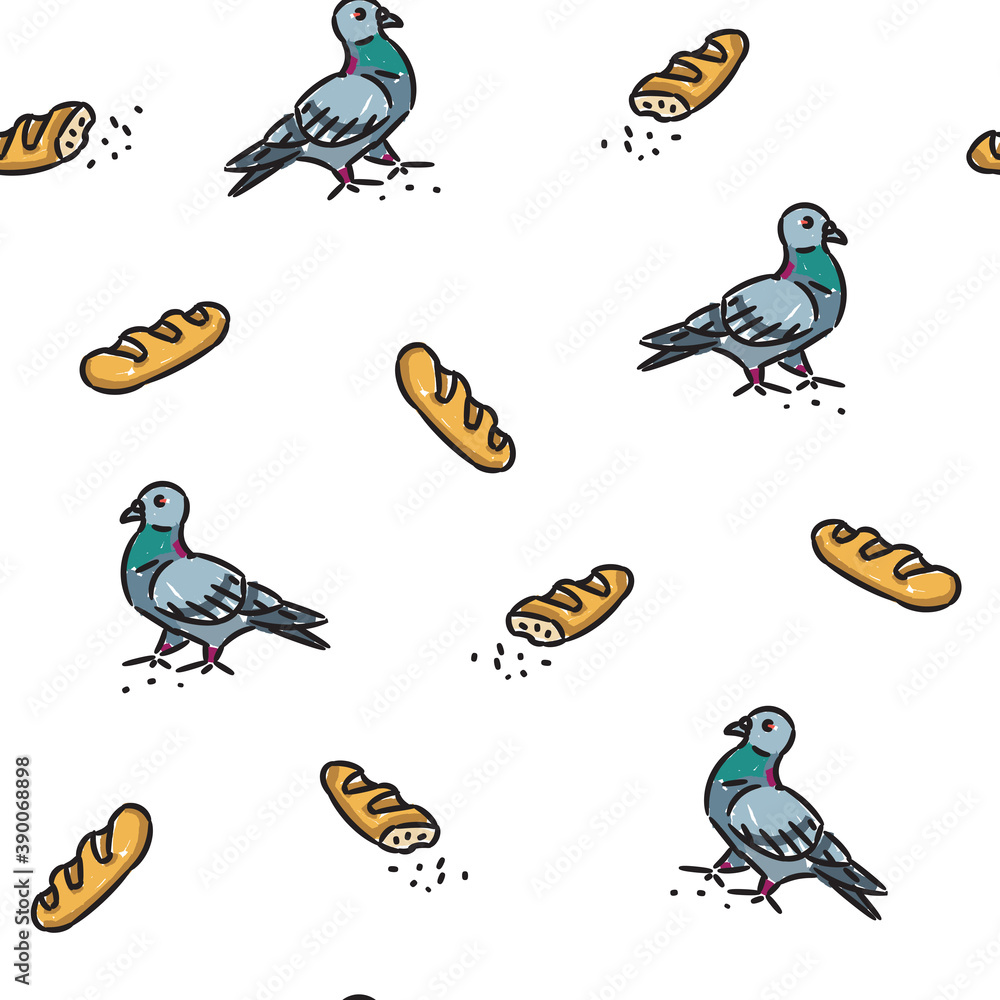 Pigeons and long loaves vector seamless pattern on white background ...
