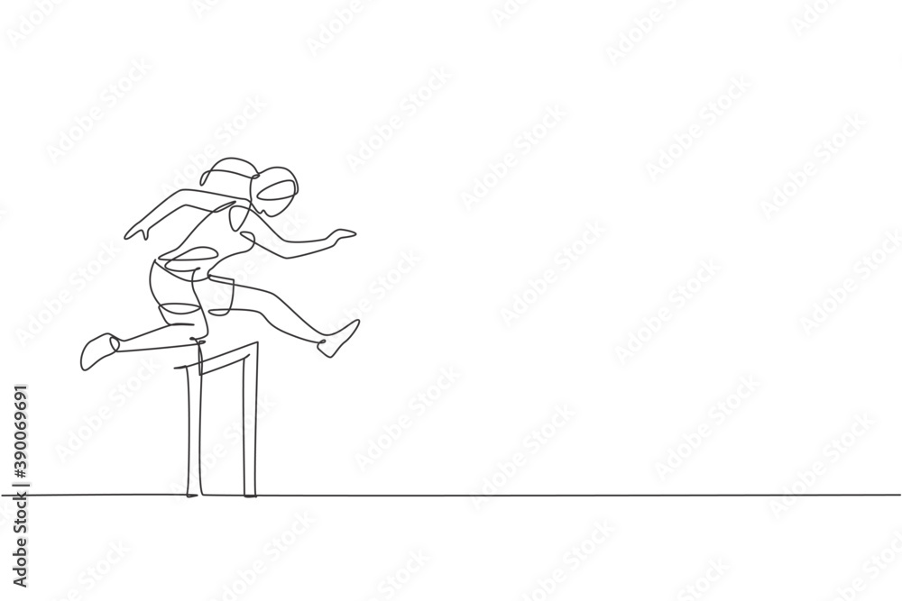 Single continuous line drawing of young agile woman runner train to ...
