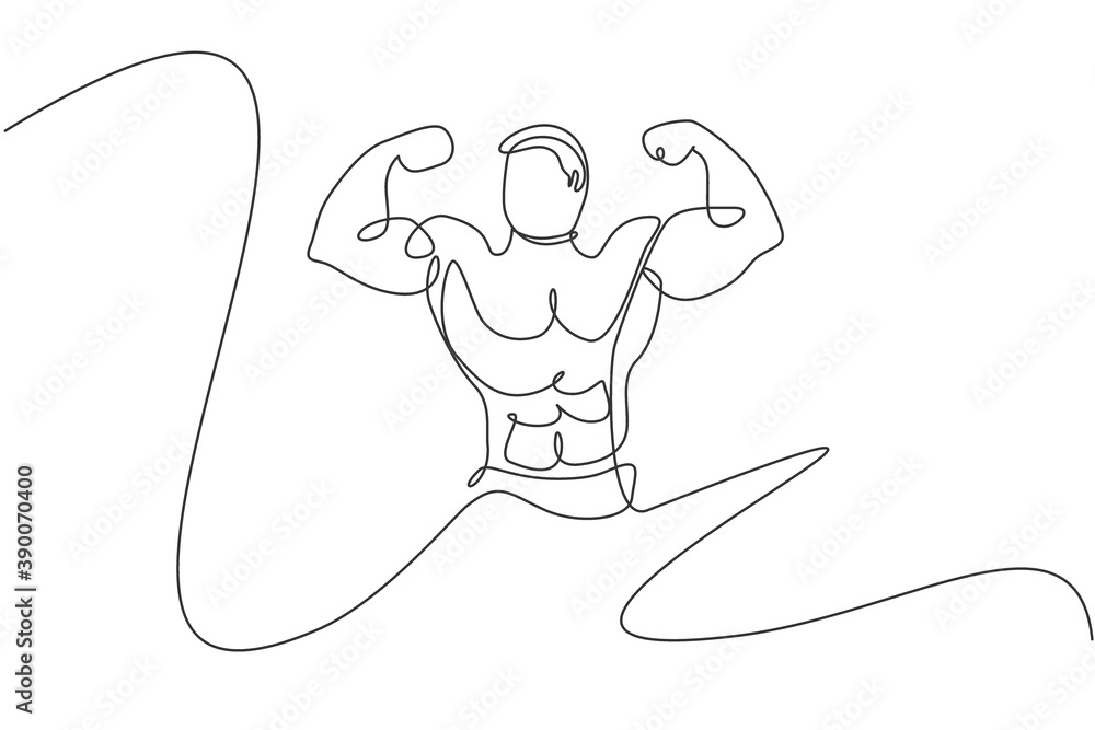 One single line drawing of young energetic model man bodybuilder pose charmingly vector ...