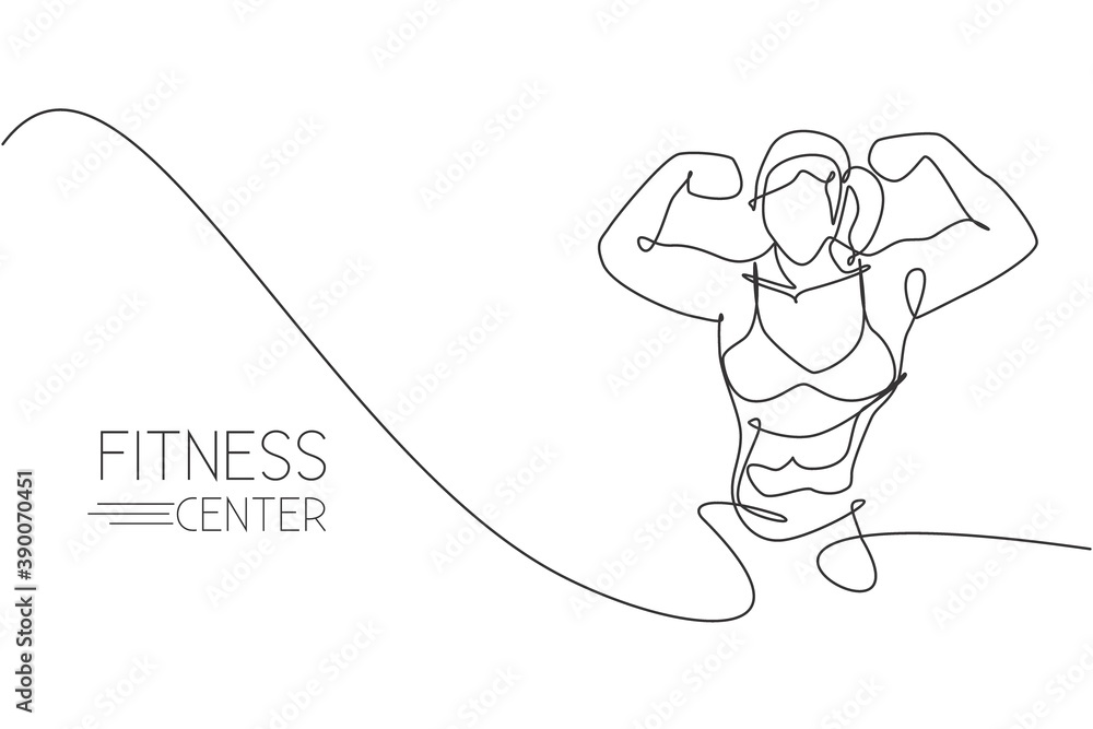 One continuous line drawing of young strong model woman bodybuilder ...