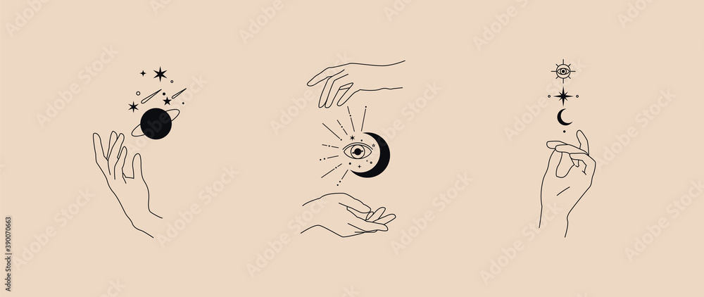 Hand gesture and moon simple linear template logo design. Magic ...