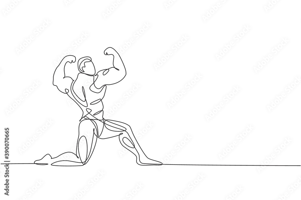 One single line drawing of young energetic model man bodybuilder pose charmingly vector ...