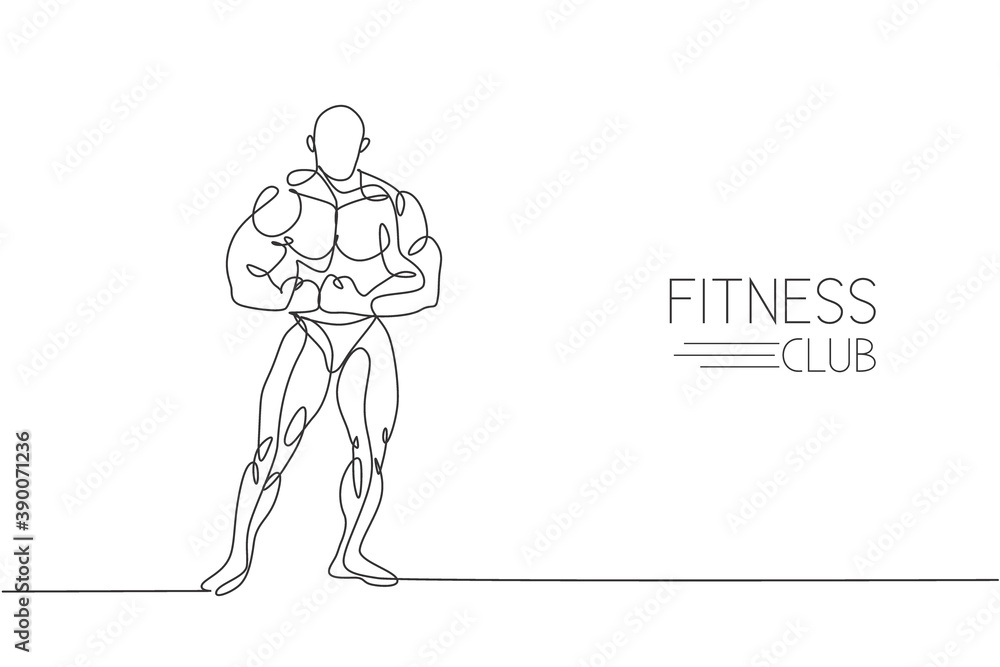 One single line drawing of young energetic model man bodybuilder pose vector illustration ...
