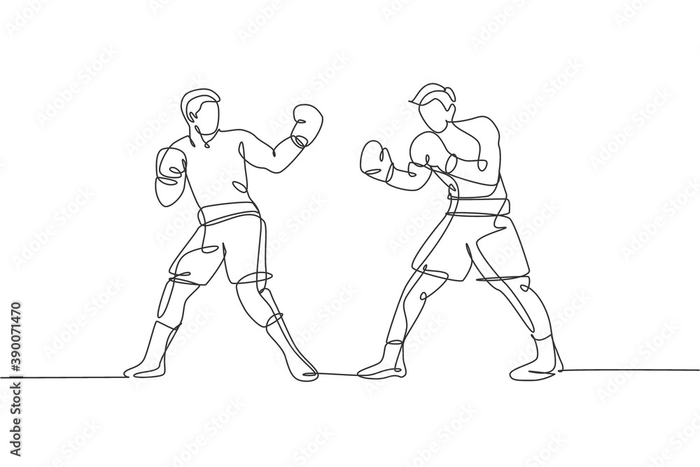 Single continuous line drawing of two young agile men boxer provoke ...