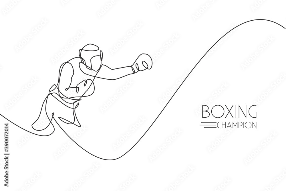 One single line drawing of young energetic man boxer practice his hook ...