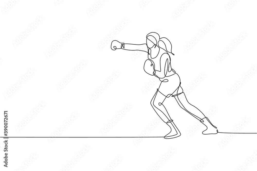 Single continuous line drawing of young agile woman boxer practice ...