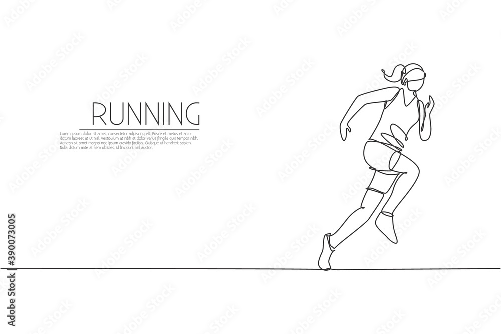 One single line drawing of young energetic woman runner focus to run ...