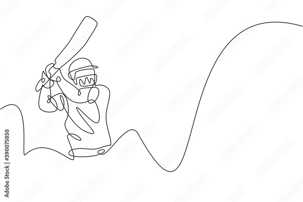 One single line drawing of young energetic man cricket player practice ...