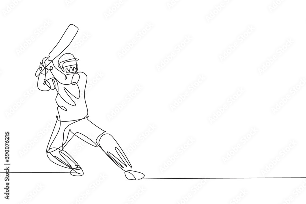 One continuous line drawing of young man cricket player standing ready ...