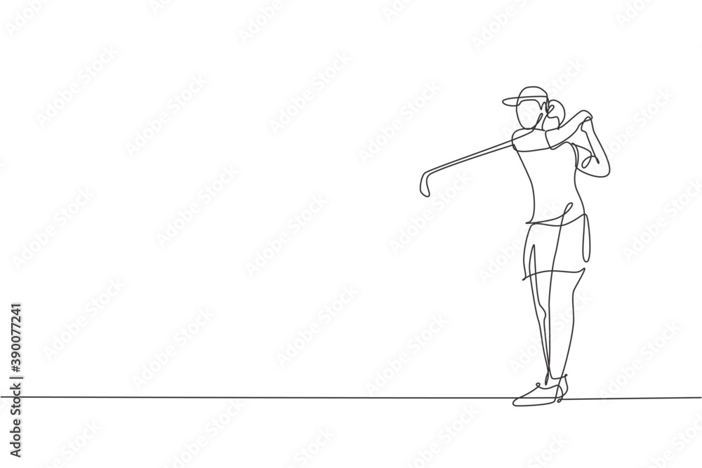 Single continuous line drawing of young happy golf player swing the ...