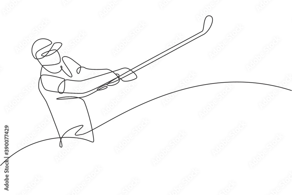 Single continuous line drawing of young happy golf player swing the ...