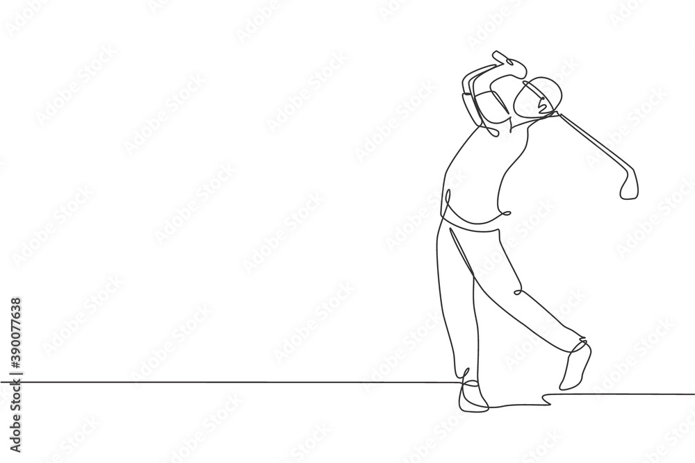 One single line drawing of young sporty golf player hit the ball using ...