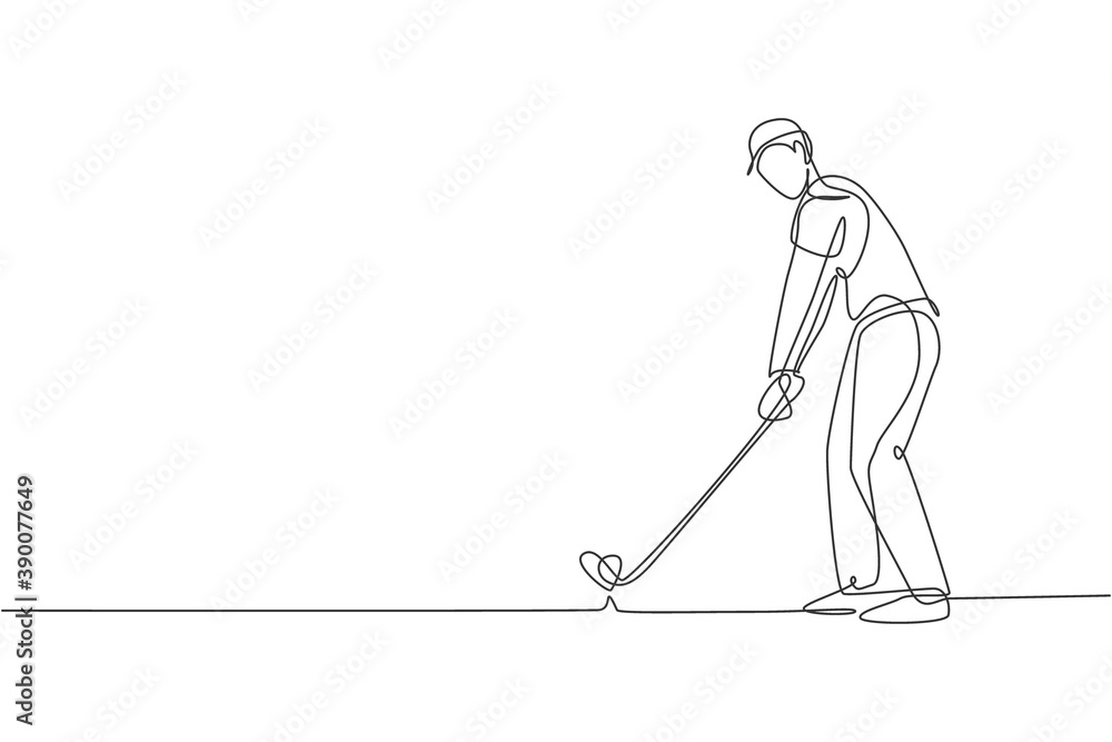 Single continuous line drawing of young happy golf player swing the ...