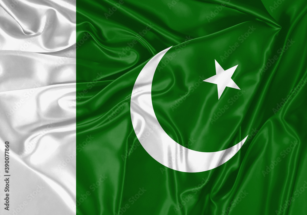 Pakistan flag waving in the wind. National flag on satin cloth surface ...