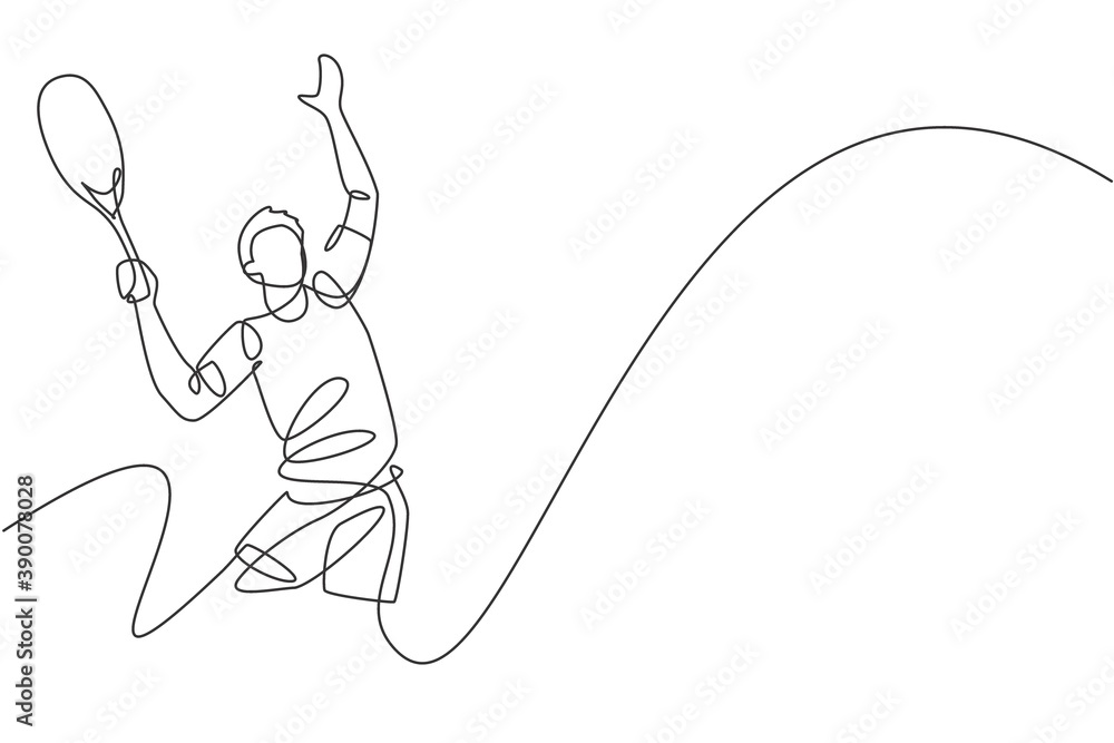 One continuous line drawing of young happy male tennis player serving ...