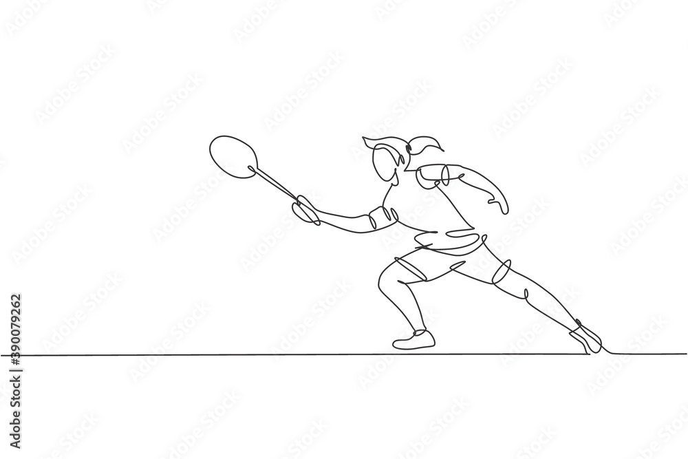Single continuous line drawing young agile badminton player hit ...