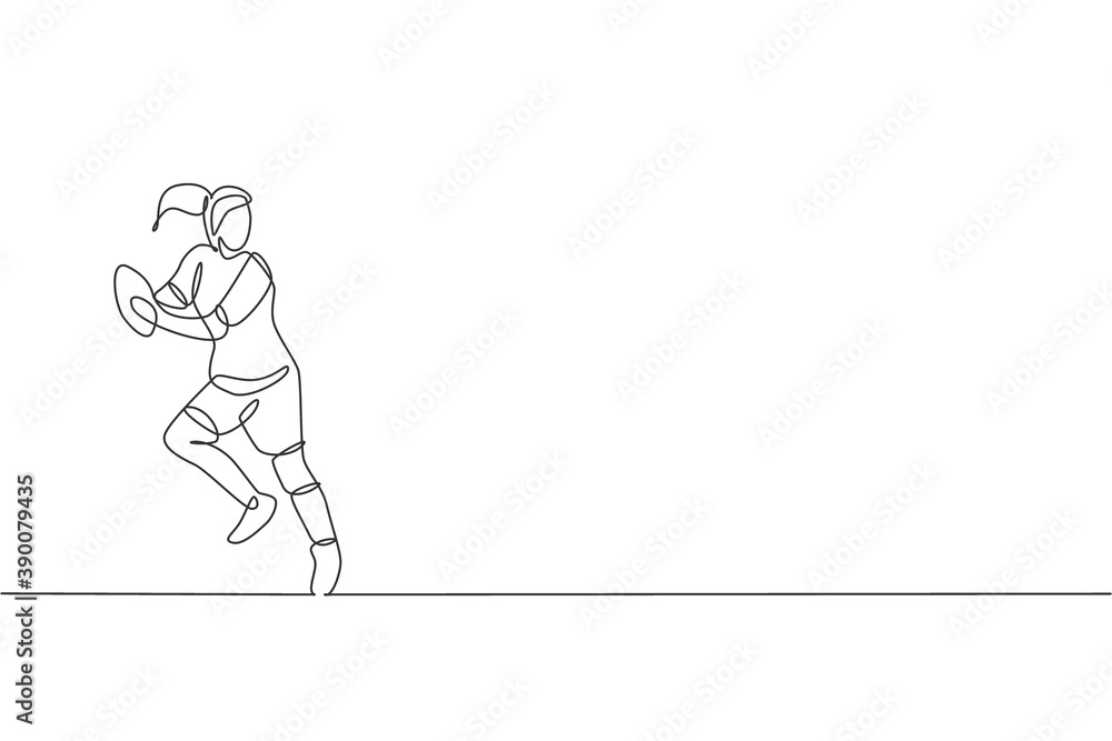 One single line drawing of young energetic rugby player holding the ...