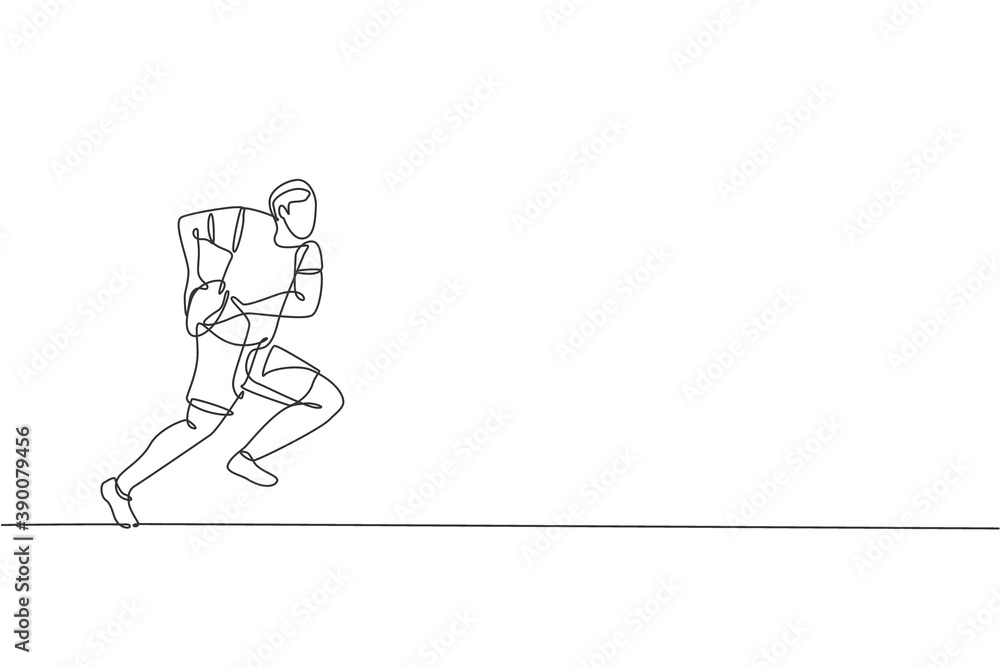 One continuous line drawing of young rugby player catch and defend the ...