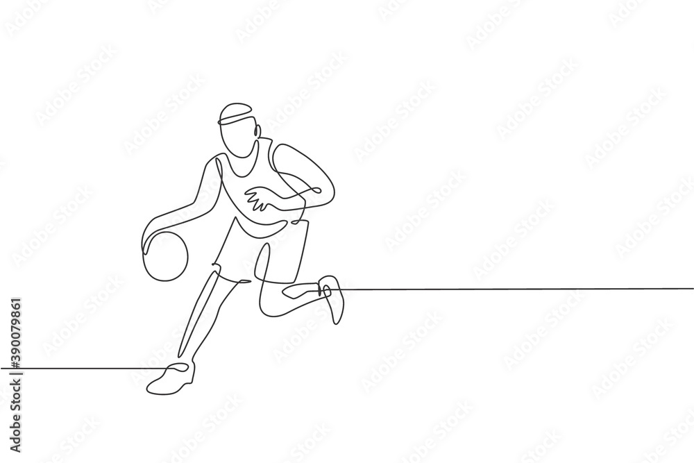 One continuous line drawing of young basketball player practicing and ...