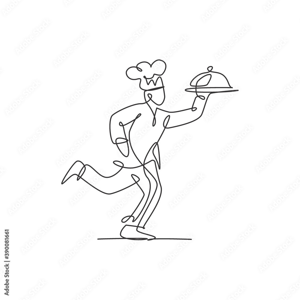 One single line drawing of young man running while carrying tray cover ...