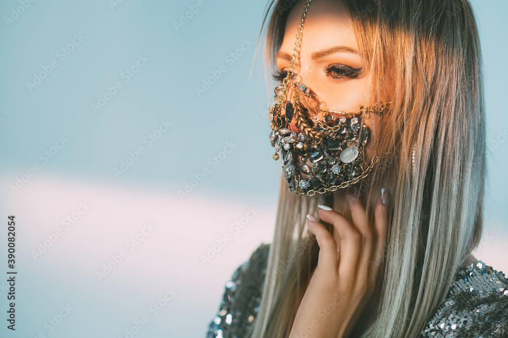 Covid-19 fashion. Quarantine accessory. New normal. Glamour festive ...