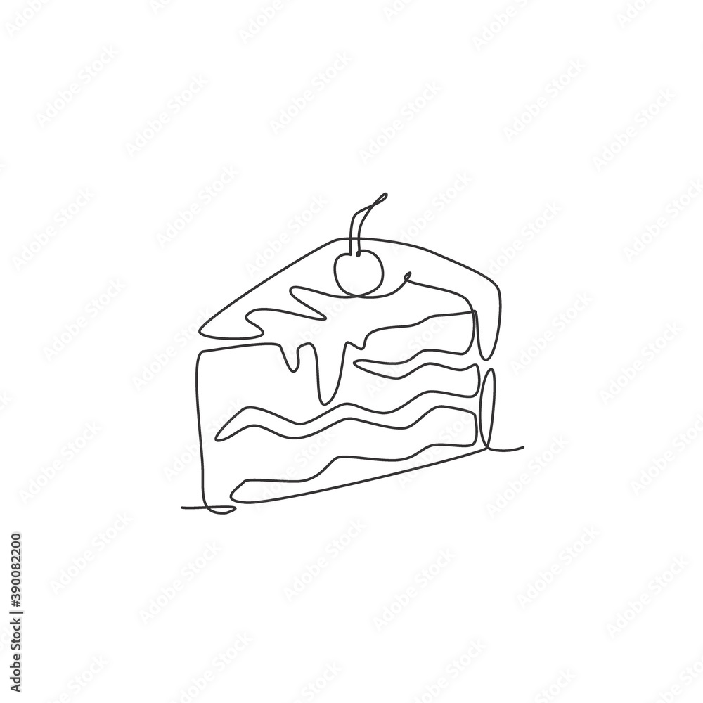 Single continuous line drawing of stylized cut sliced cake with cherry ...