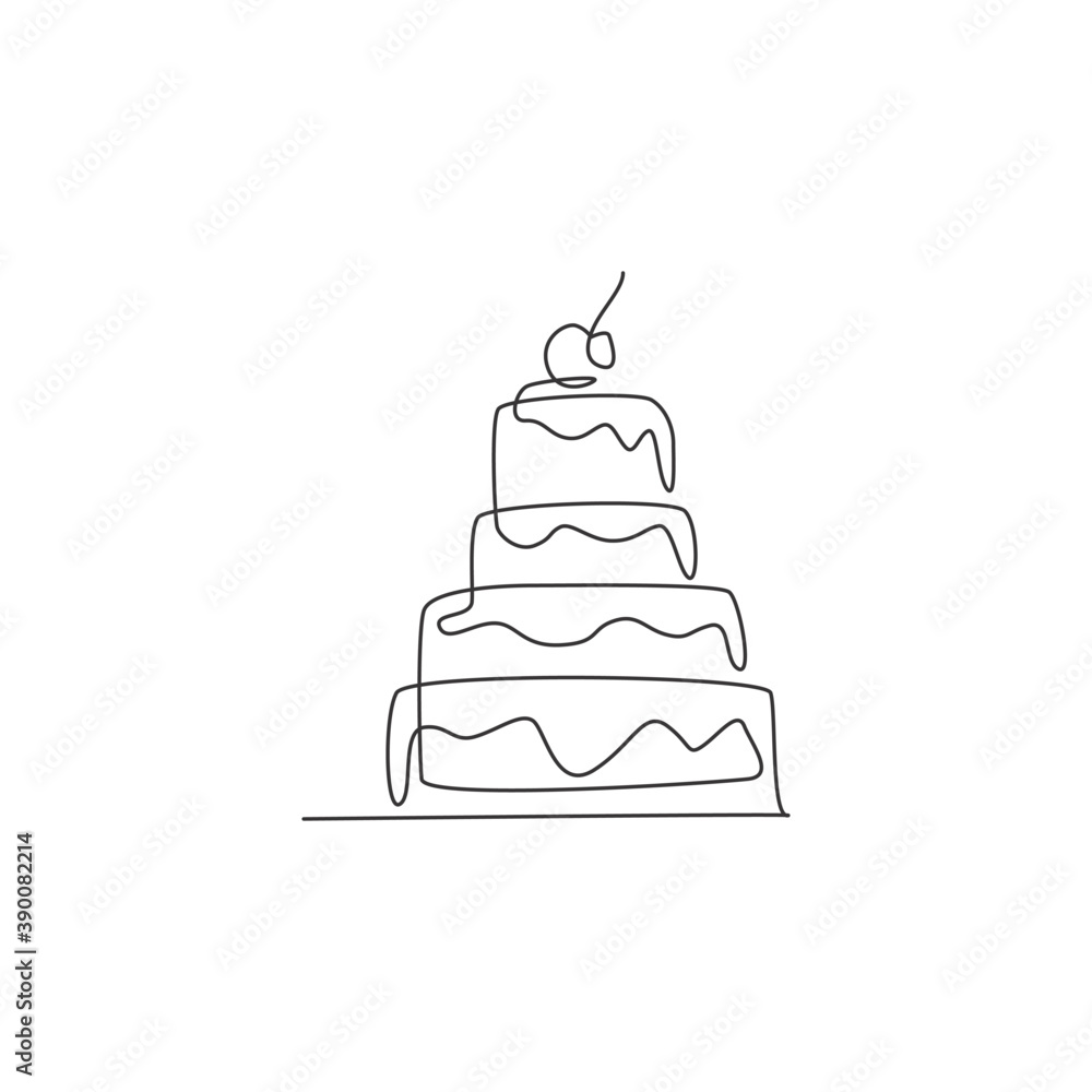 Single continuous line drawing of stylized pilled anniversary cake with ...