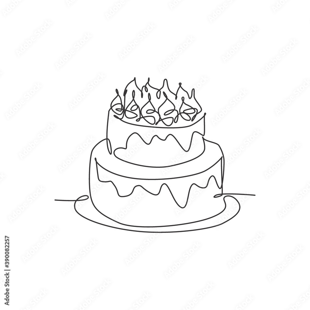One single line drawing of fresh delicious home made birthday cake with ...