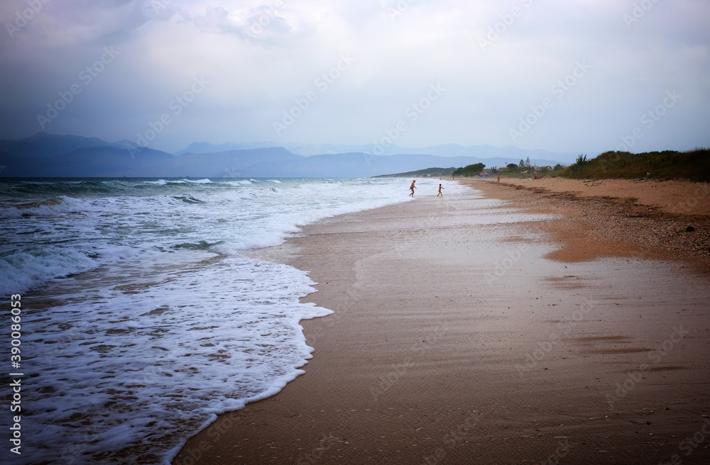 Corfu beach. View over the sandy beach with amazing stones at Acharavi ...