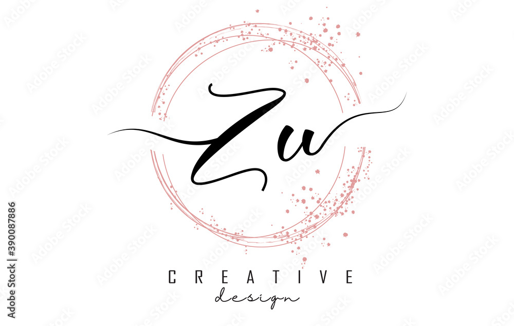 Handwritten ZU Z U letter logo with sparkling circles with pink glitter ...