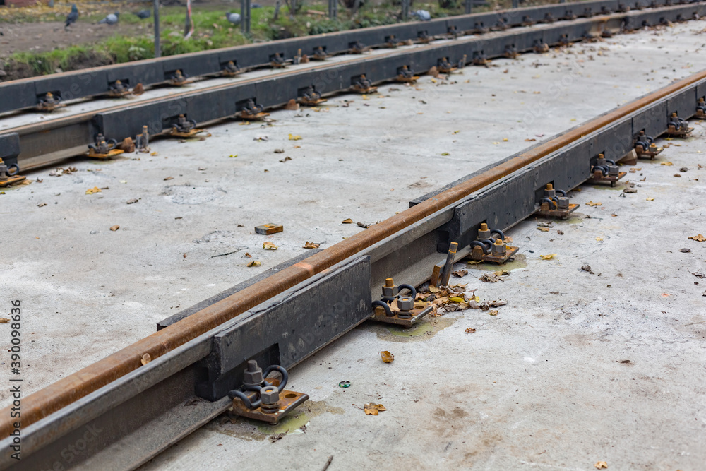 Repair of the railway tram line in Krakow. Installation of new modern ...