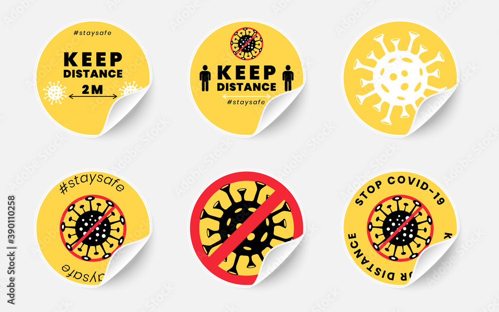 Covid-19 icons. Set of realistic social distance stickers with rolled ...